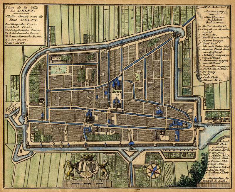 Plan de la Ville de Delft, een antieke plattegrond van Delft in ...