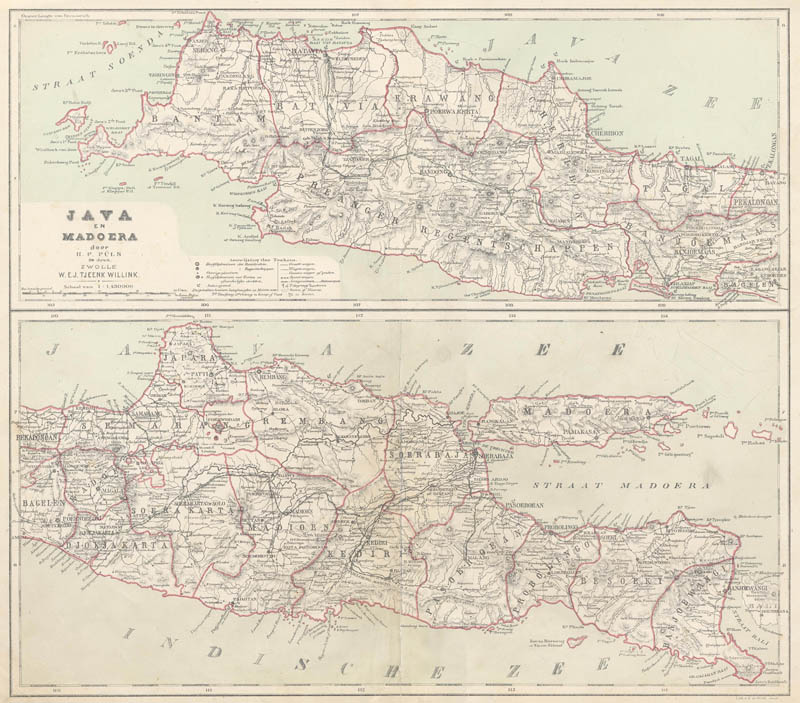 Kaart van Java en Madoera., een antieke kaart van Indonesië door Puls ...