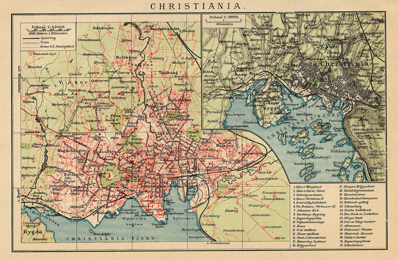Christiania, een antieke plattegrond van Oslo in door Winkler Prins uit ...
